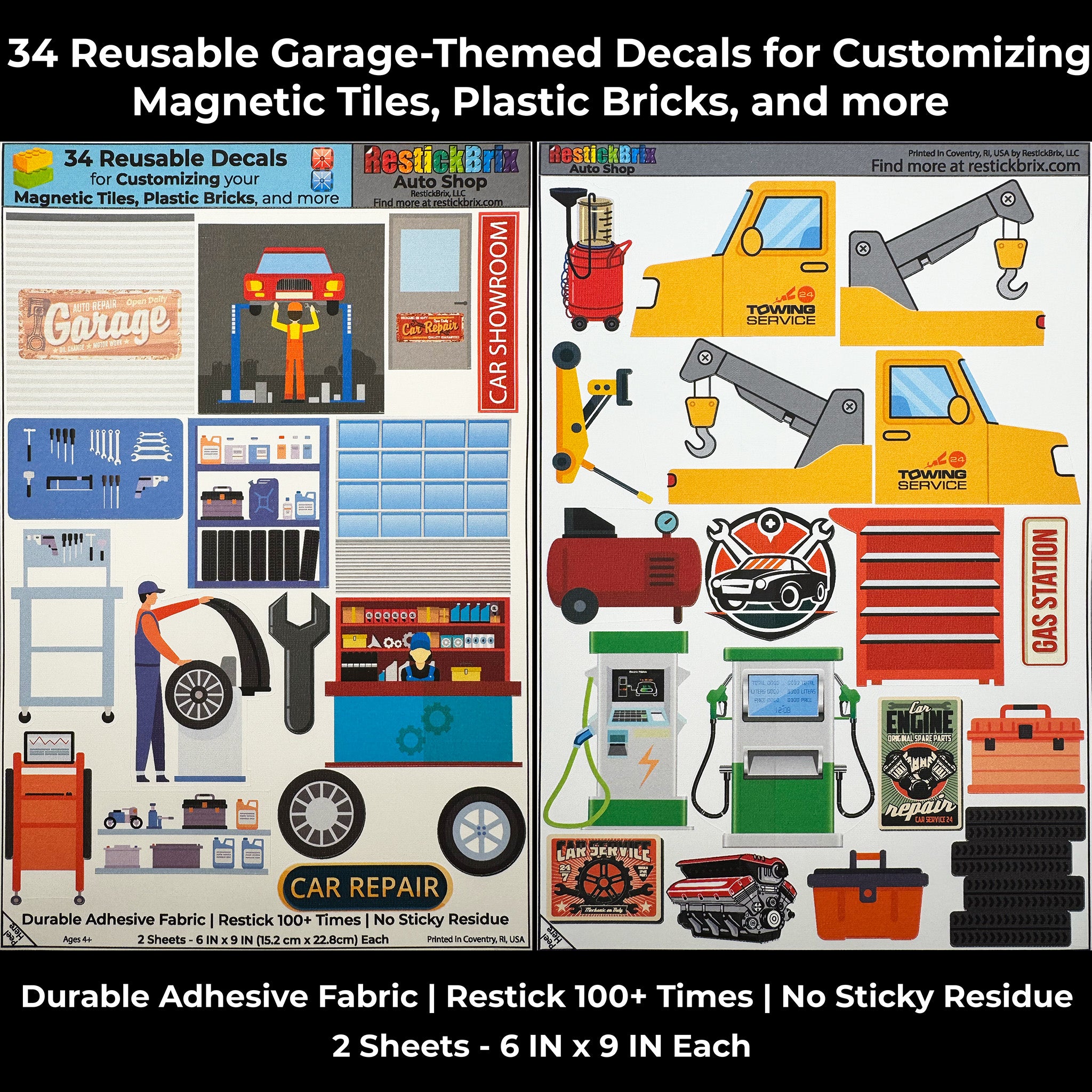Garage-themed reusable decals for customizing magnetic tiles, plastic ...